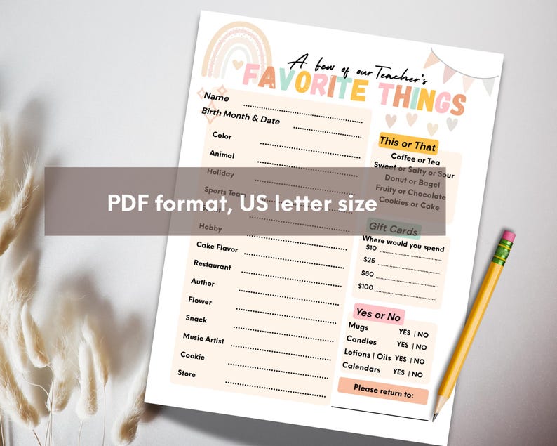 Teacher Favorite Things Questionnaire: Printable Teacher Survey (PDF ...
