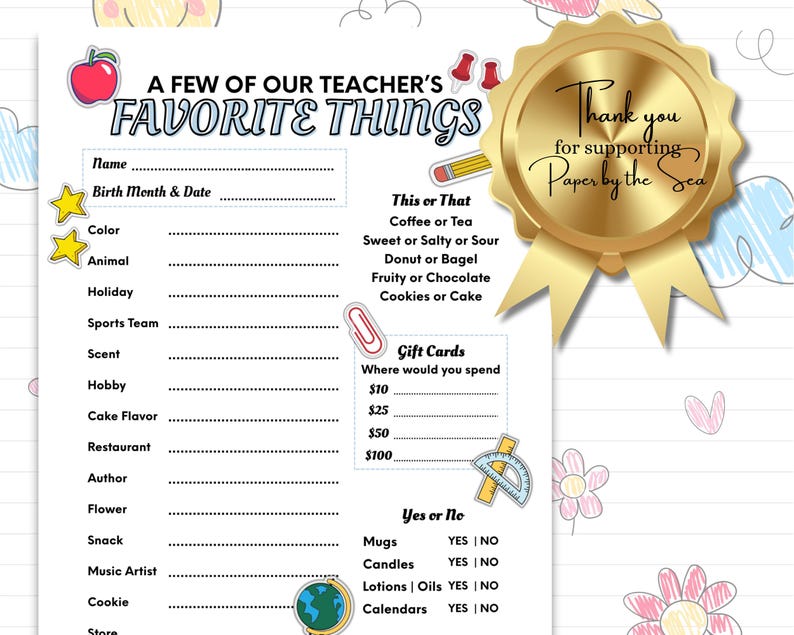 Teacher Favorite Things Questionnaire: Printable Teacher Survey (PDF ...