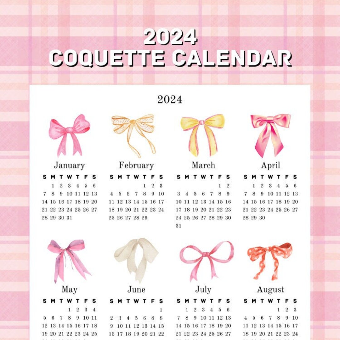 2024 Coquette Printable Yearly Calendar Ribbon Bow Calendar Watercolour ...