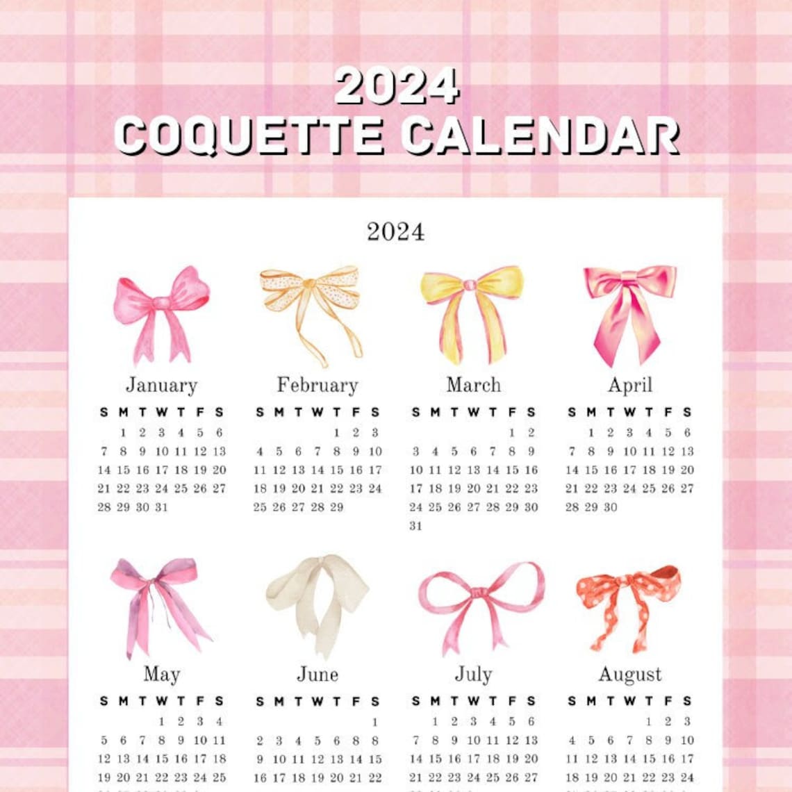 2024 Coquette Printable Yearly Calendar Ribbon Bow Calendar Watercolour ...