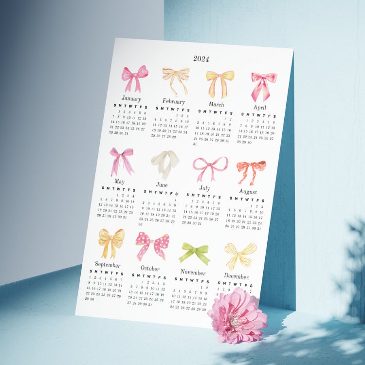 2024 Coquette Printable Yearly Calendar Ribbon Bow Calendar Watercolour ...