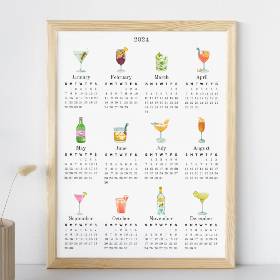 2024 Cocktail Printable Yearly Calendar Cocktail Calendar A3 and A4 - Etsy