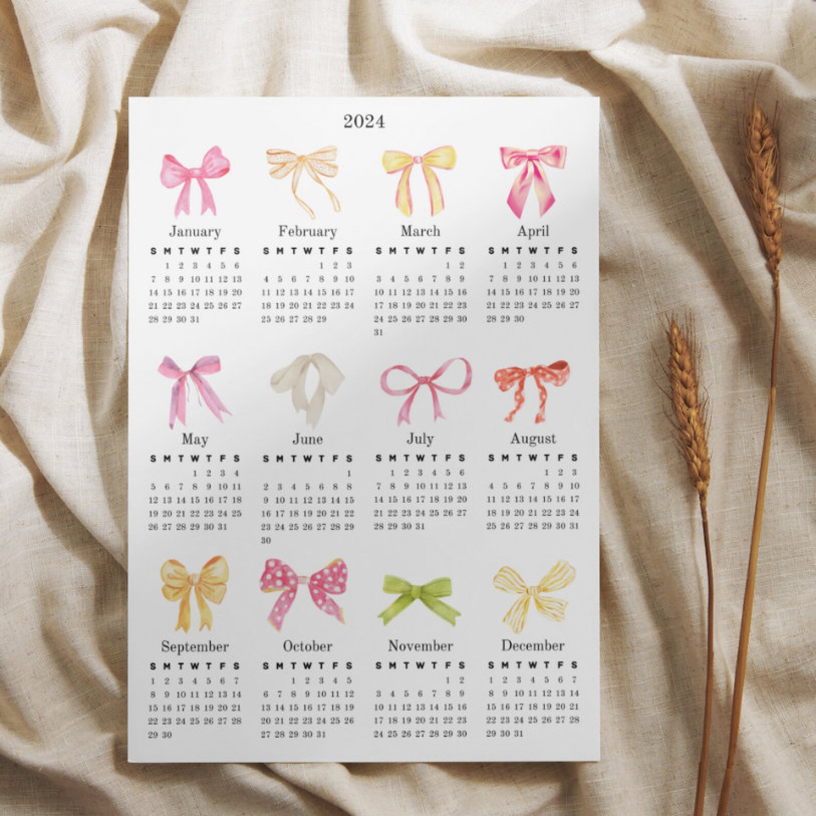 2024 Coquette Printable Yearly Calendar Ribbon Bow Calendar Watercolour ...