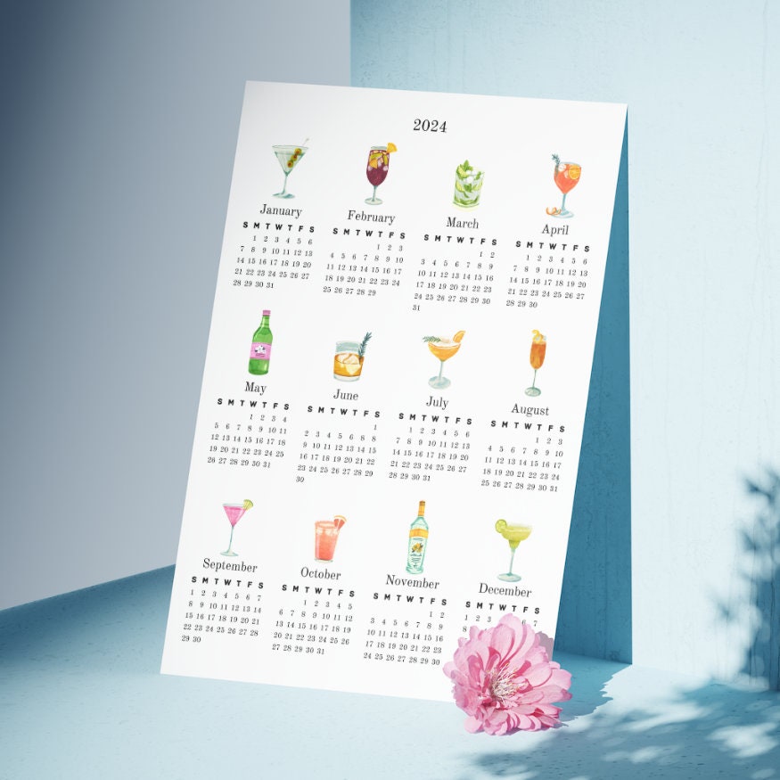2024 Cocktail Printable Yearly Calendar Cocktail Calendar A3 and A4 - Etsy