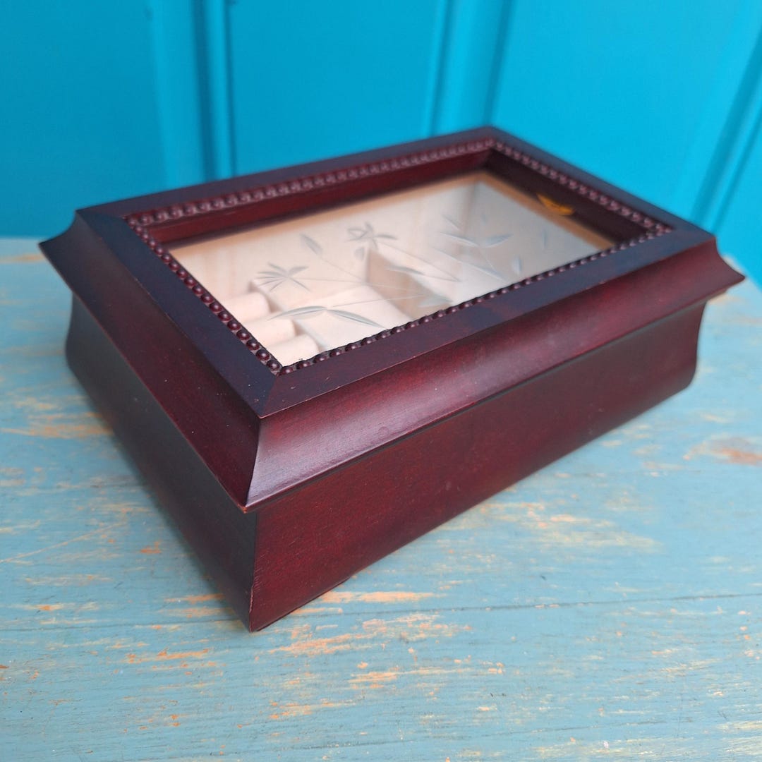 Glass and Wood Jewelry Display Box With Etched Glass Lid Hinged Cherry ...