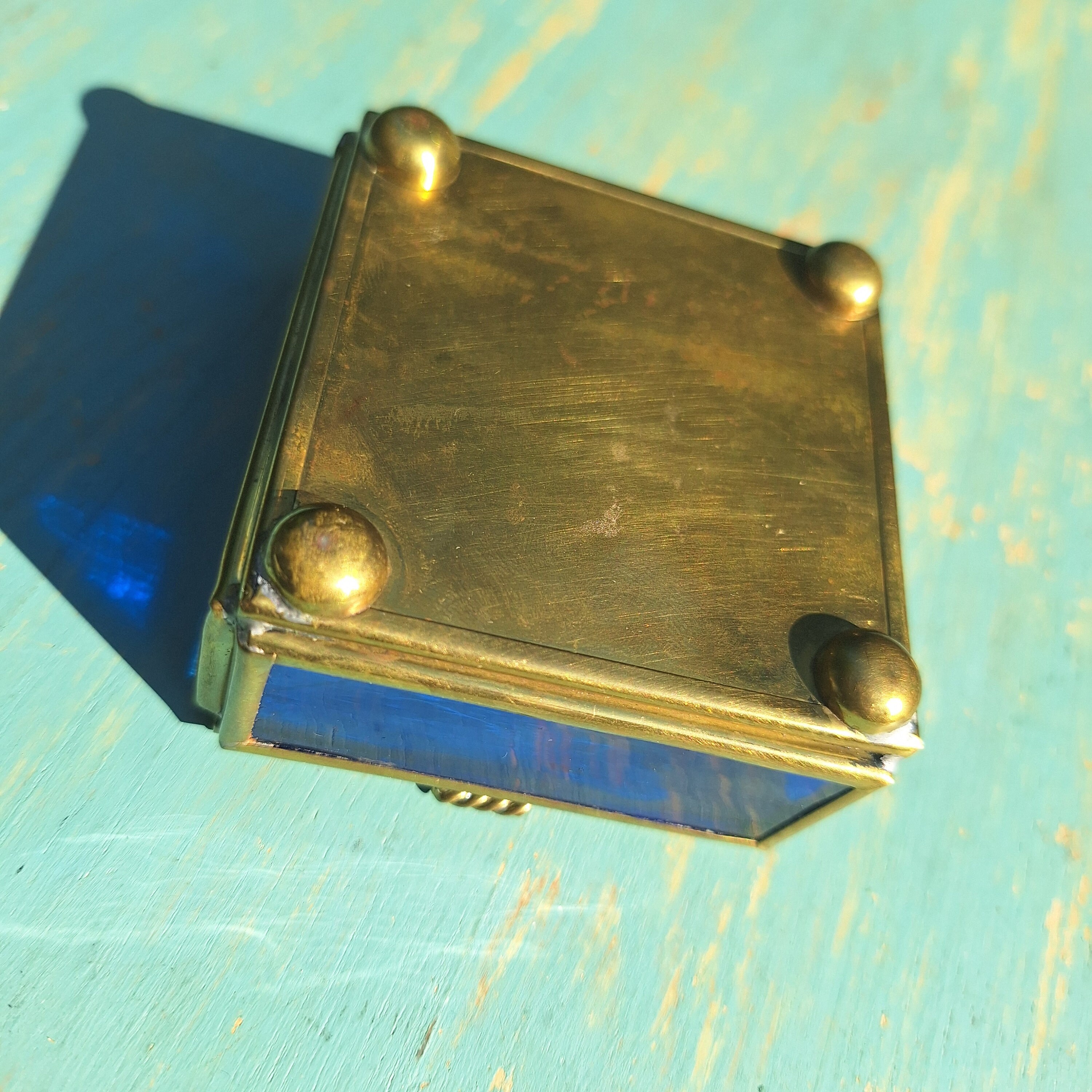 Blue Glass Box Etched Bird Glass and Brass Trinket Boxes Jewelry Bird ...