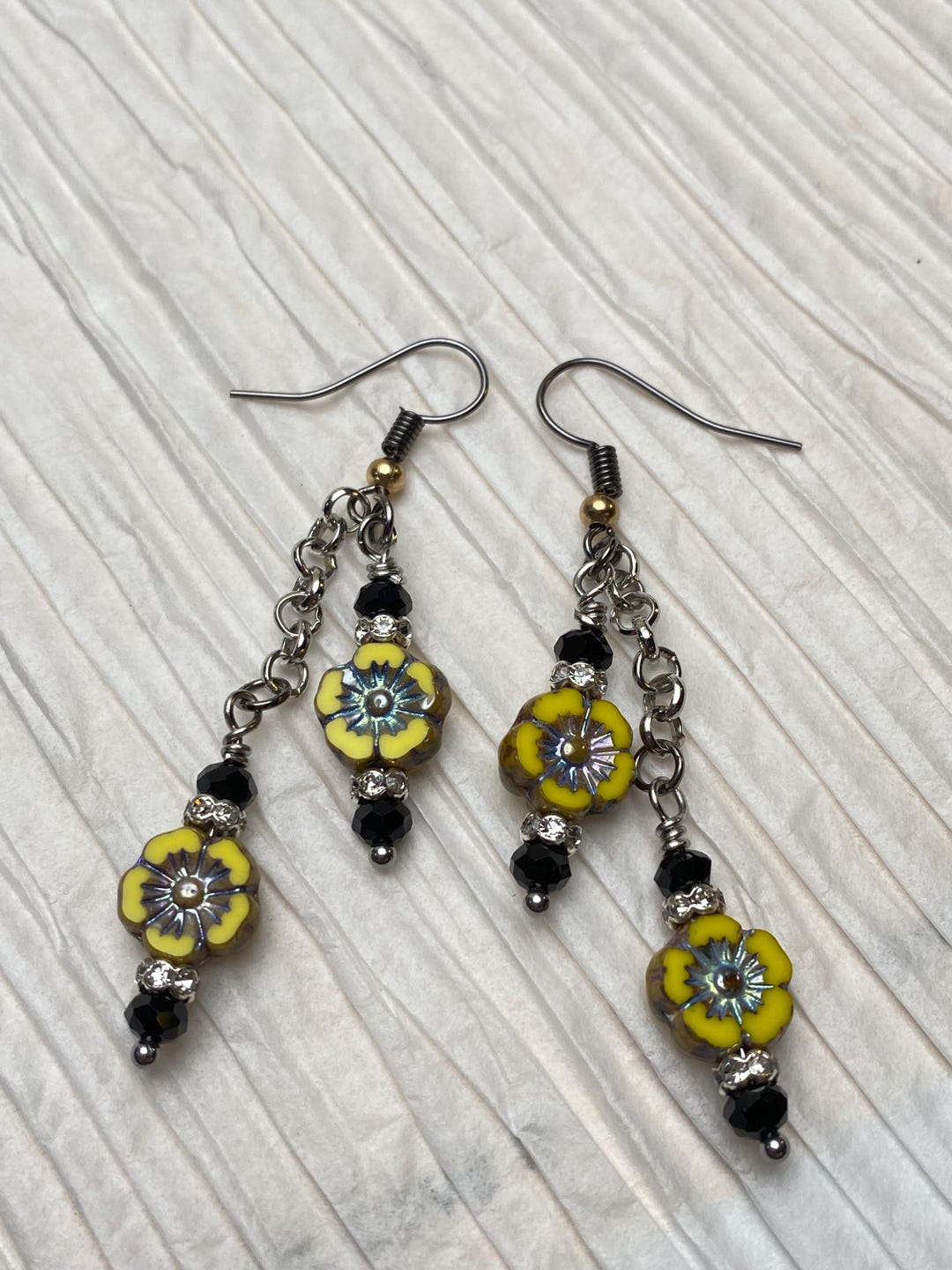 Yellow Flower Bead Dangle Earrings, Double Silver Chain - Etsy
