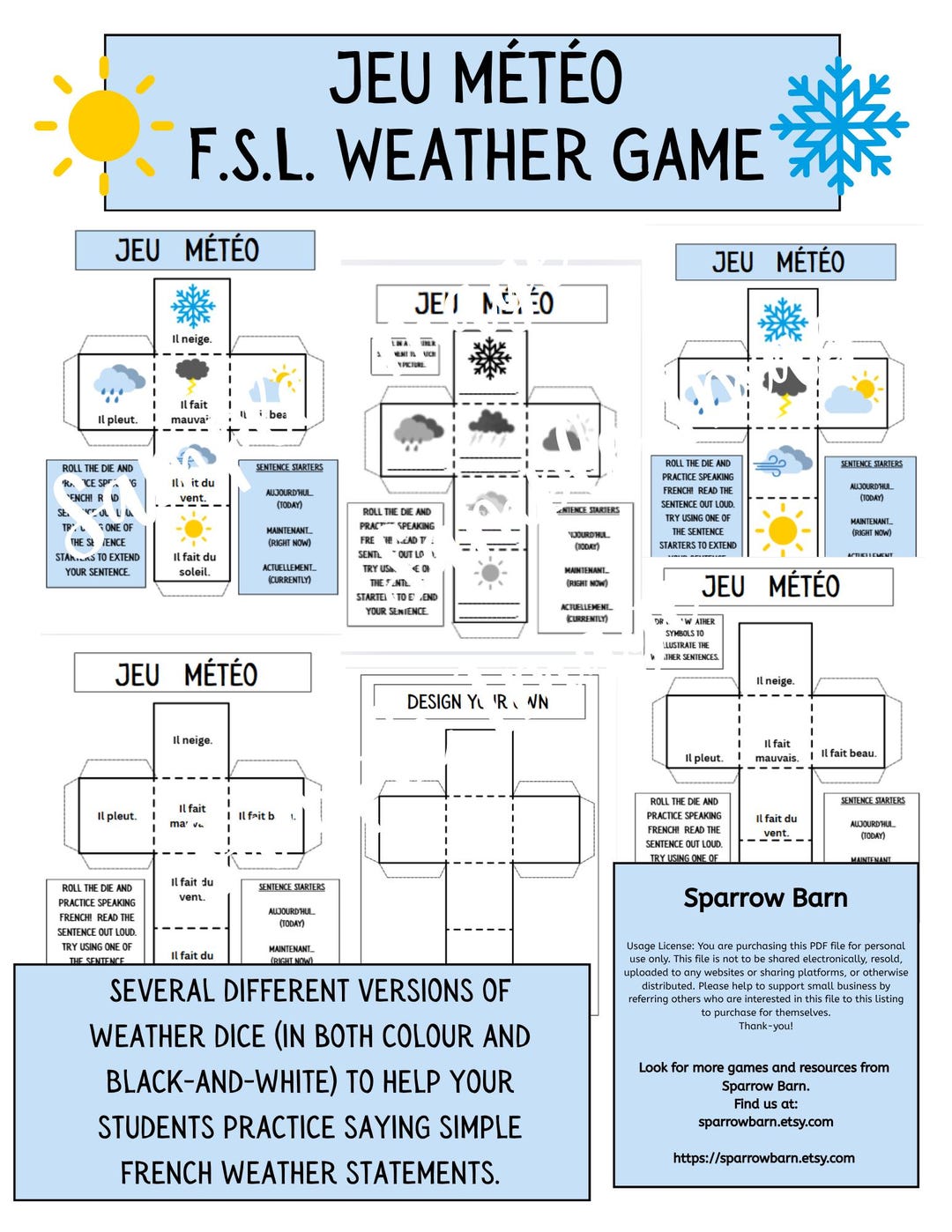 French Weather Dice Game – FSL Printable Activity (PDF Pattern) - Etsy