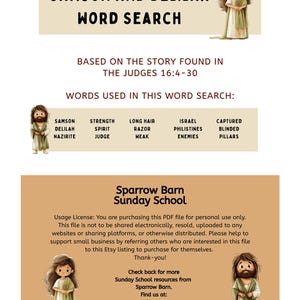 Samson and Delilah Word Search: Old Testament Bible Story Worksheet ...