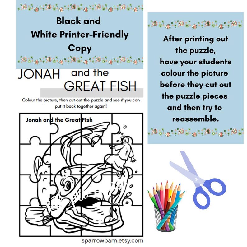 Jonah and the Great Fish 2 Jigsaw Puzzles - Colour and Black and White ...
