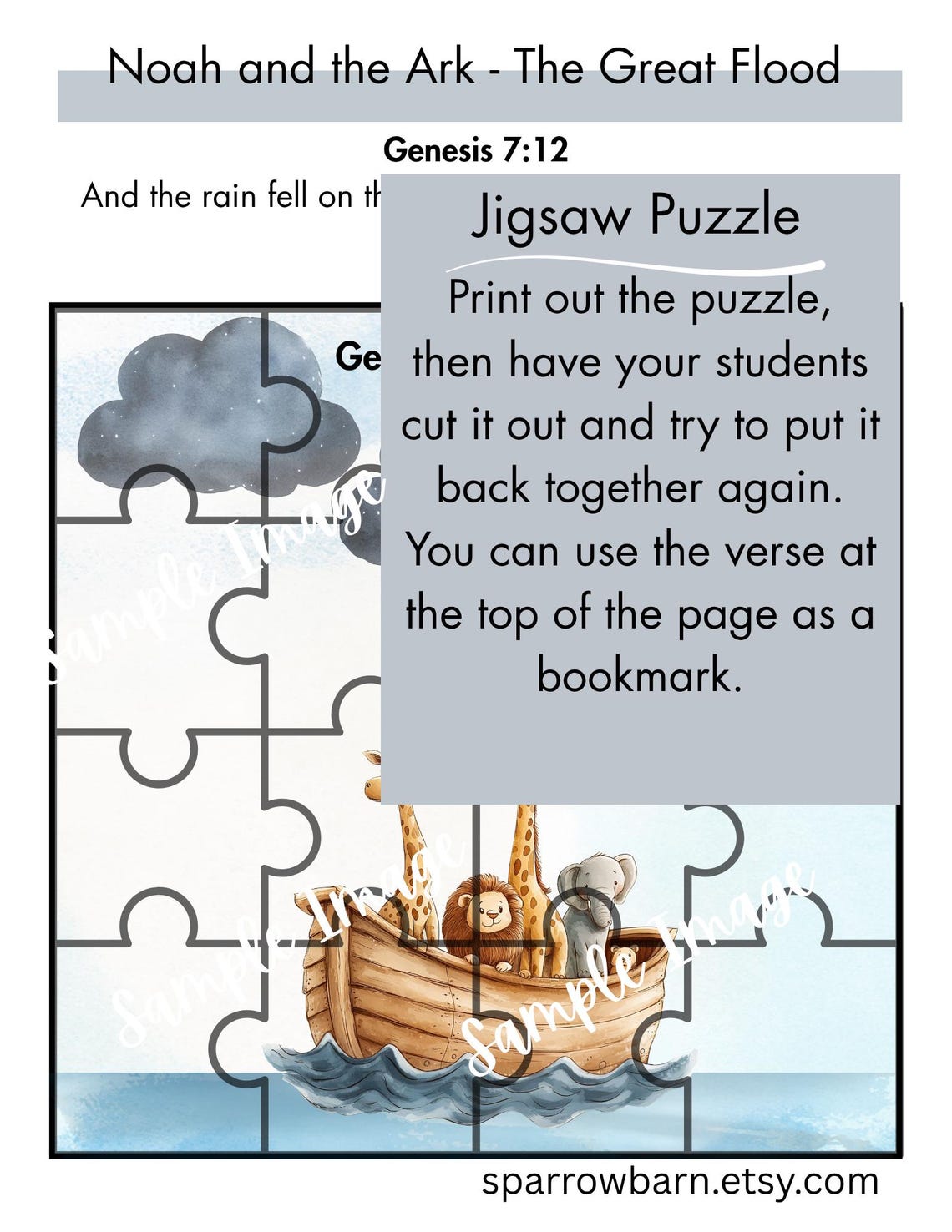 Noah's Ark Sunday School Pack: Poster, Puzzle, Coloring Page (PDF ...