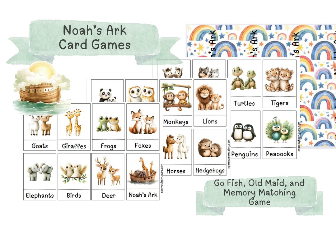 Noah's Ark Animal Card Games: Flash Cards, Go Fish, Old Maid (PDF ...