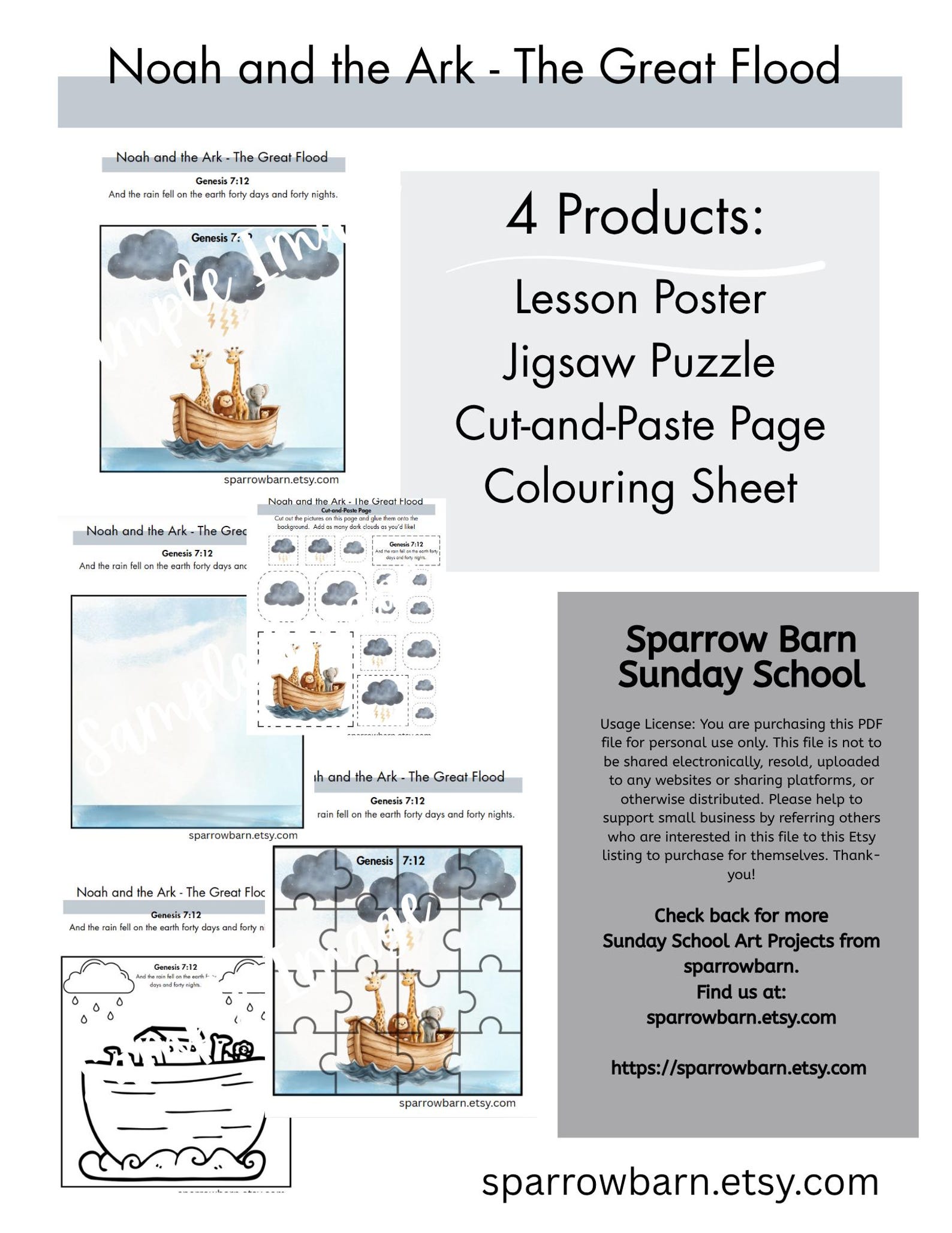 Noah's Ark Sunday School Pack: Poster, Puzzle, Coloring Page (PDF ...