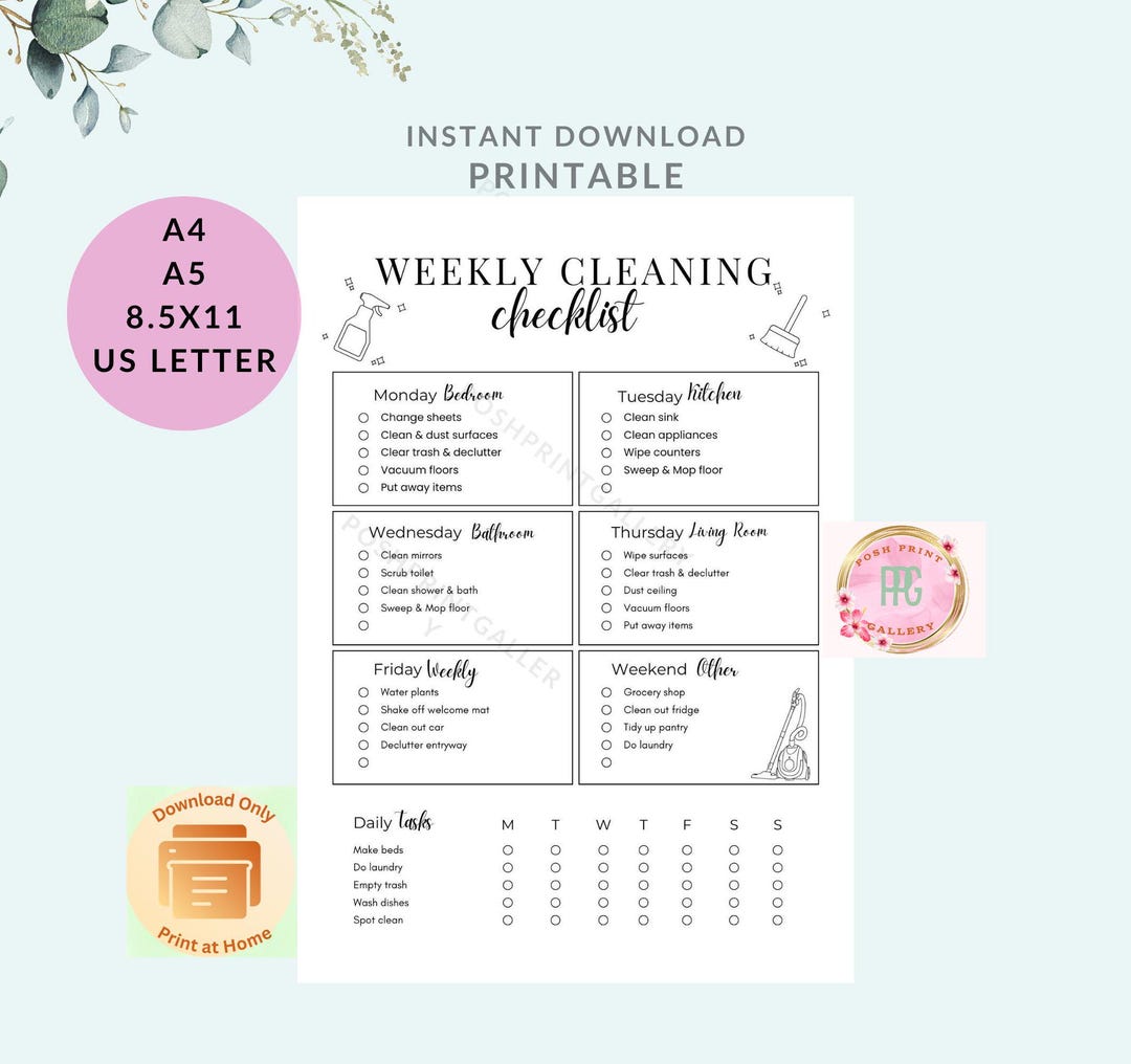 Weekly Cleaning Checklist Printable Home Organization Schedule Daily ...