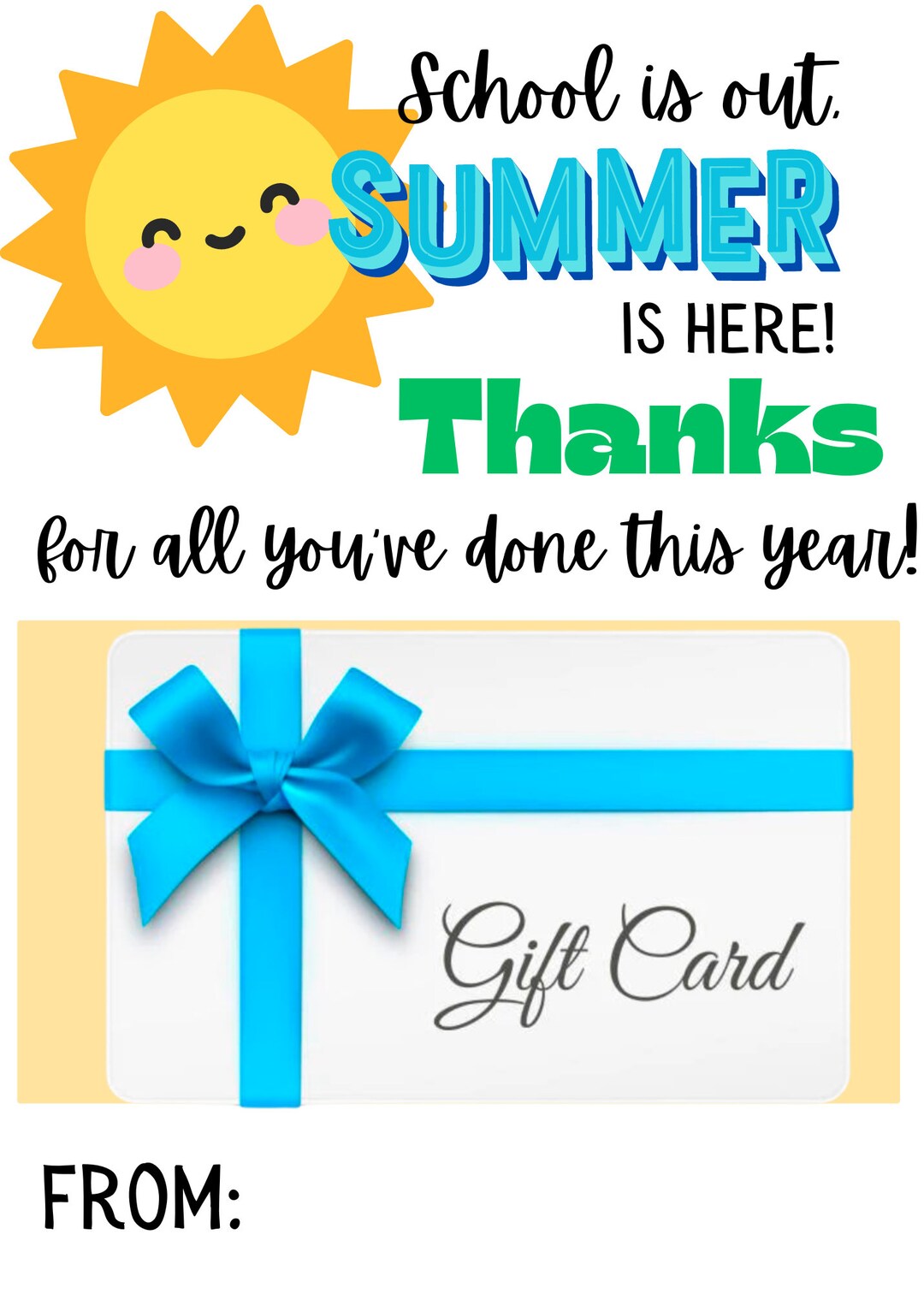 End of Year Teacher Gift Card Holder Template, Printable School's Out ...