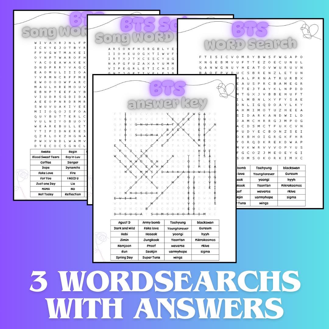 BTS Wordsearch Puzzle for Party Birthdays Celebrations Friends for ...