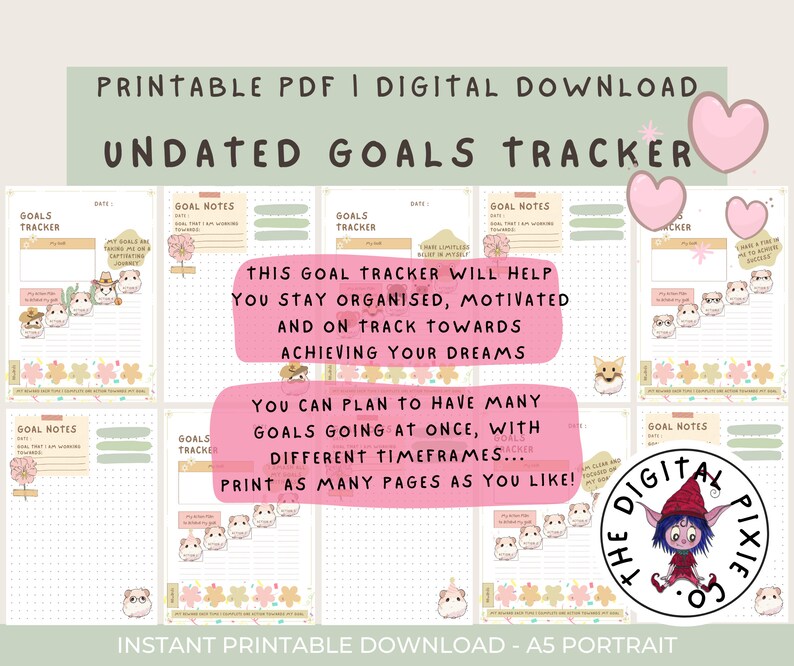 Printable Goal Planner, Undated Goal Journal, Goal Tracker, Kawaii Goal ...