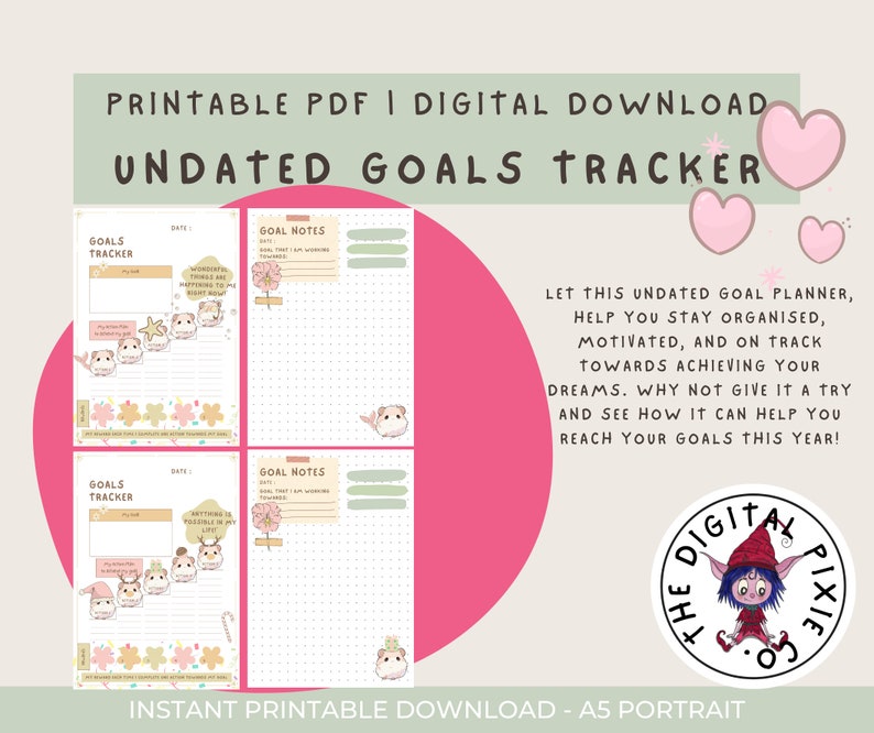Printable Goal Planner, Undated Goal Journal, Goal Tracker, Kawaii Goal ...