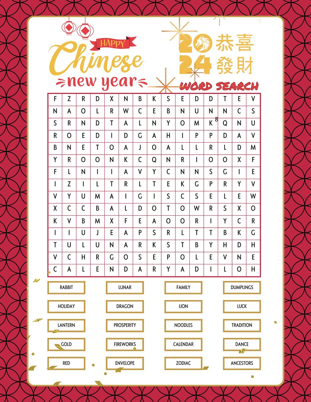 Chinese New Years Word Search Printable for Adults & Kids Answer Key ...