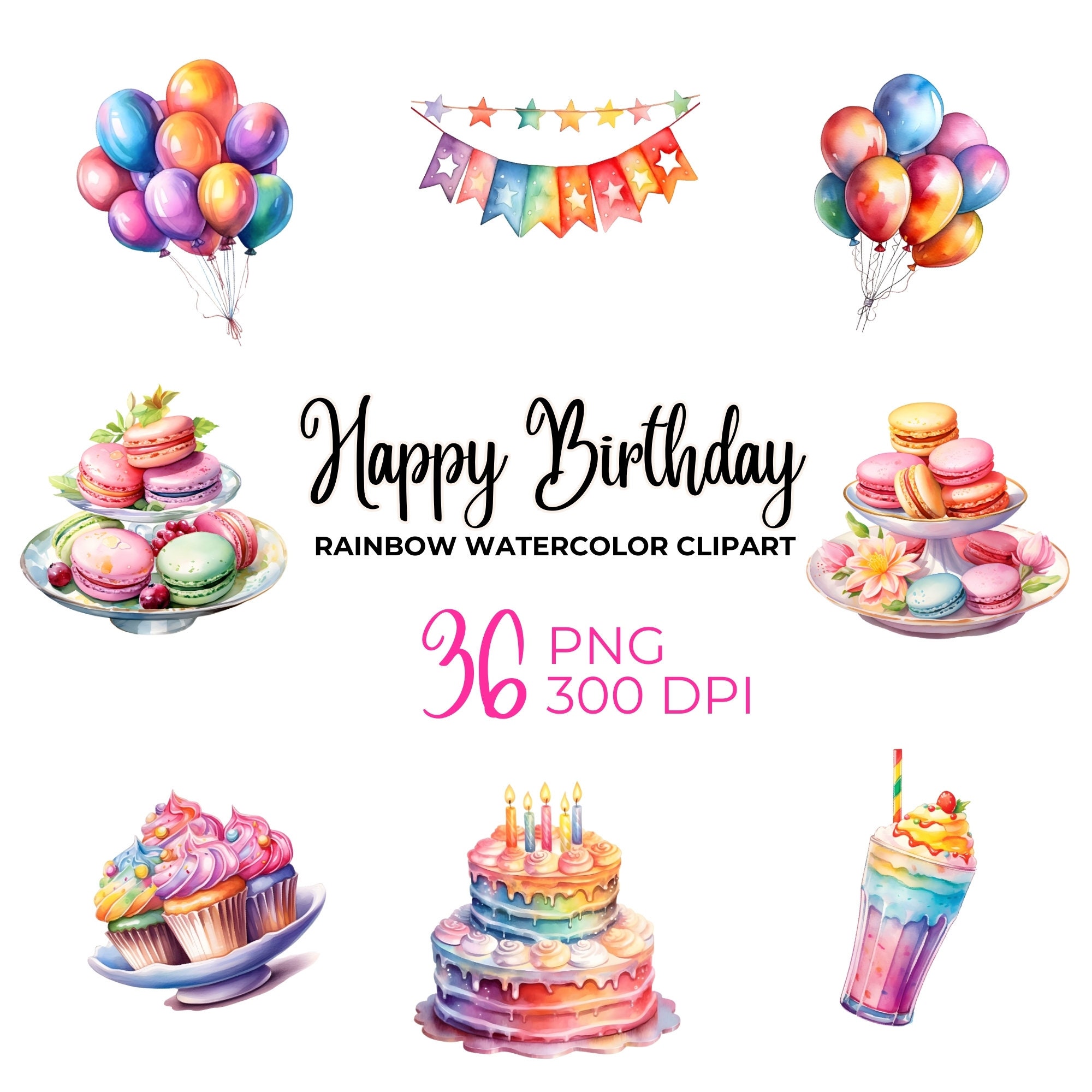 Rainbow Birthday Watercolor Clipart, Kawaii Happy Birthday Party ...