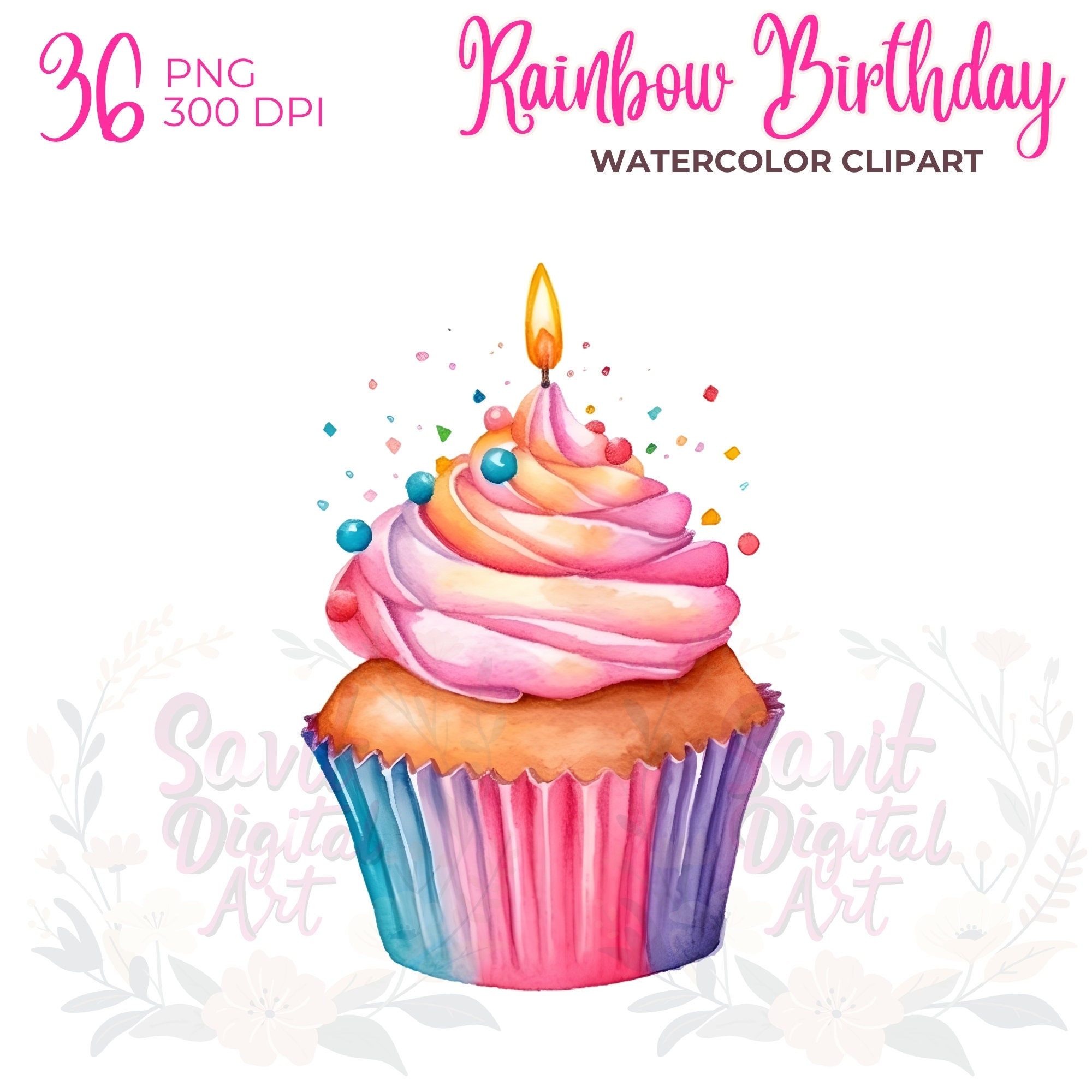 Rainbow Birthday Watercolor Clipart, Kawaii Happy Birthday Party ...