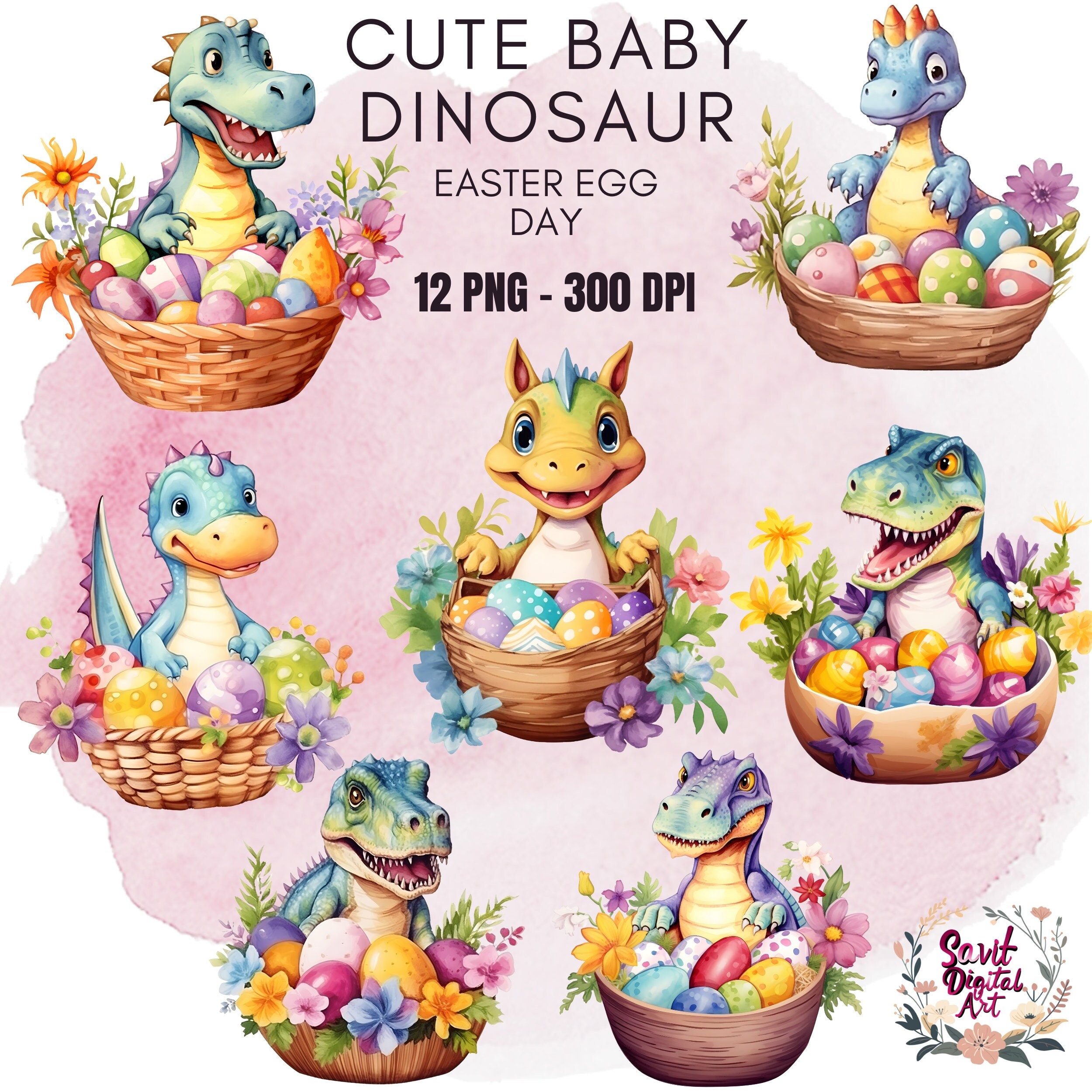 Watercolor Dinosaurs Clipart, Dino Theme Easter Day Printables, Cute ...