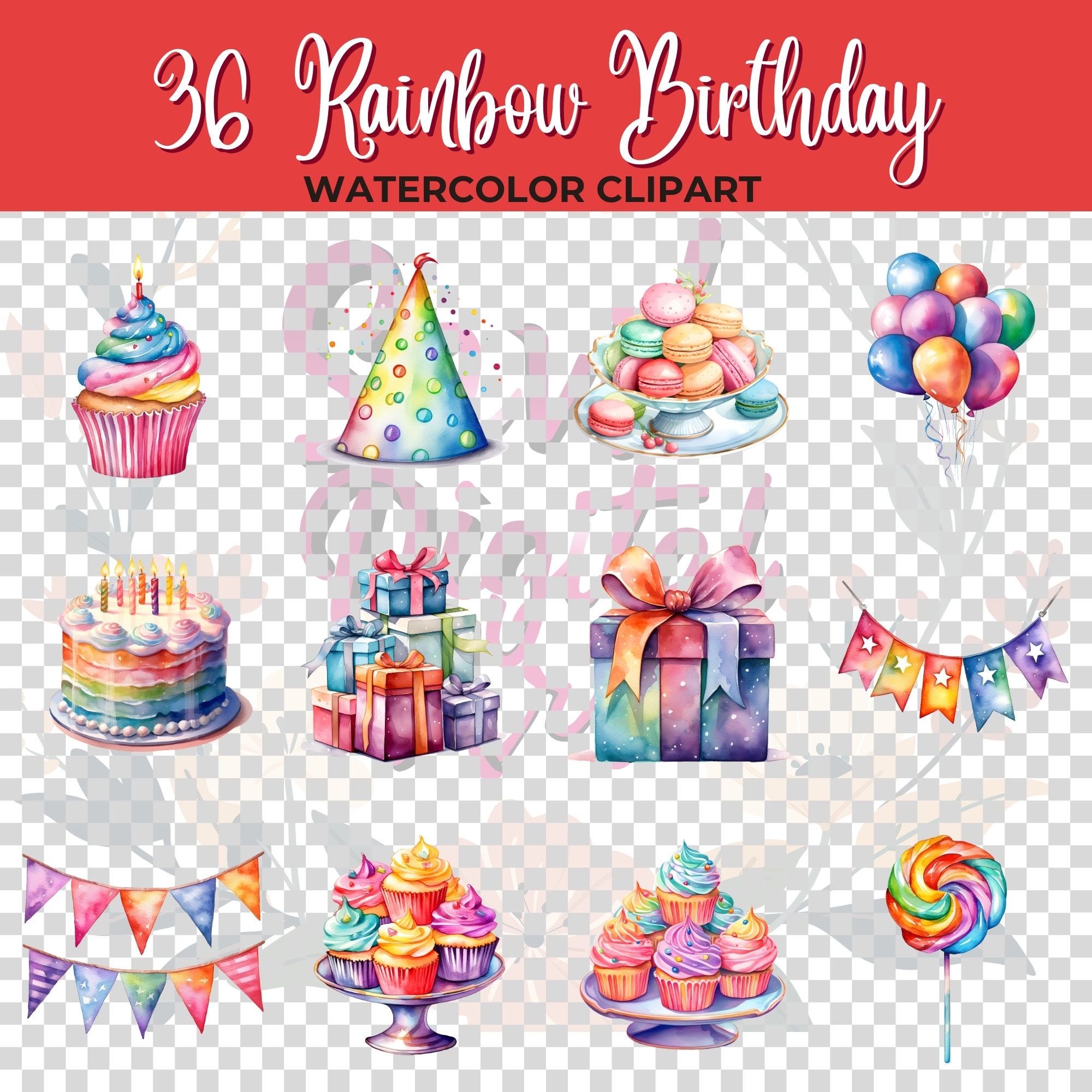 Rainbow Birthday Watercolor Clipart, Kawaii Happy Birthday Party ...