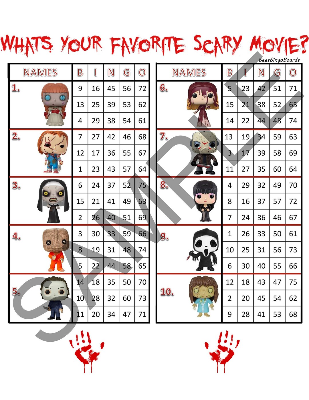 Scary Movie 10 Block, 75 Numbers, Mixed Bingo Blocks, Bingo Board - Etsy