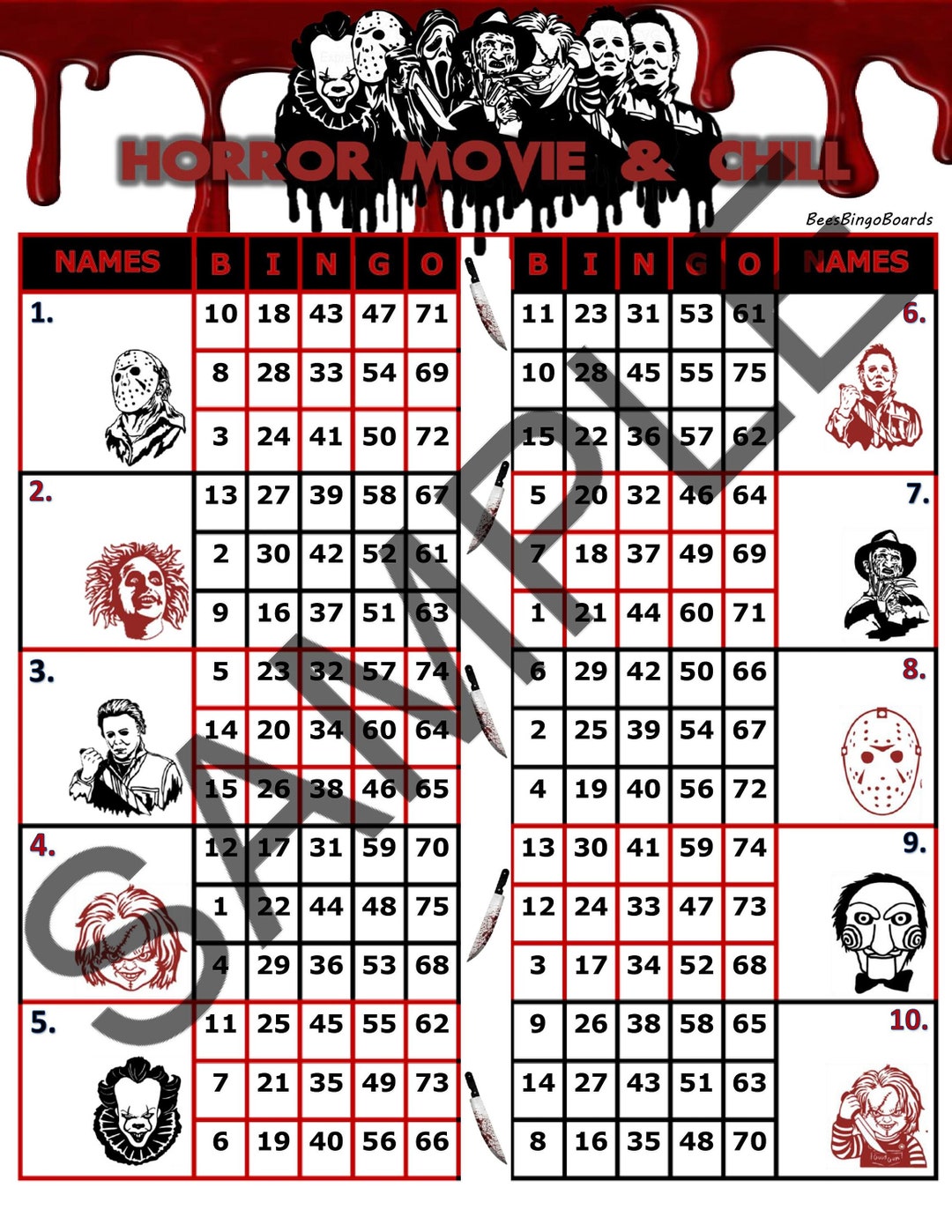 HORROR MOVIE and CHILL 10 Block Mega Board, 75 Numbers, Mixed Bingo ...