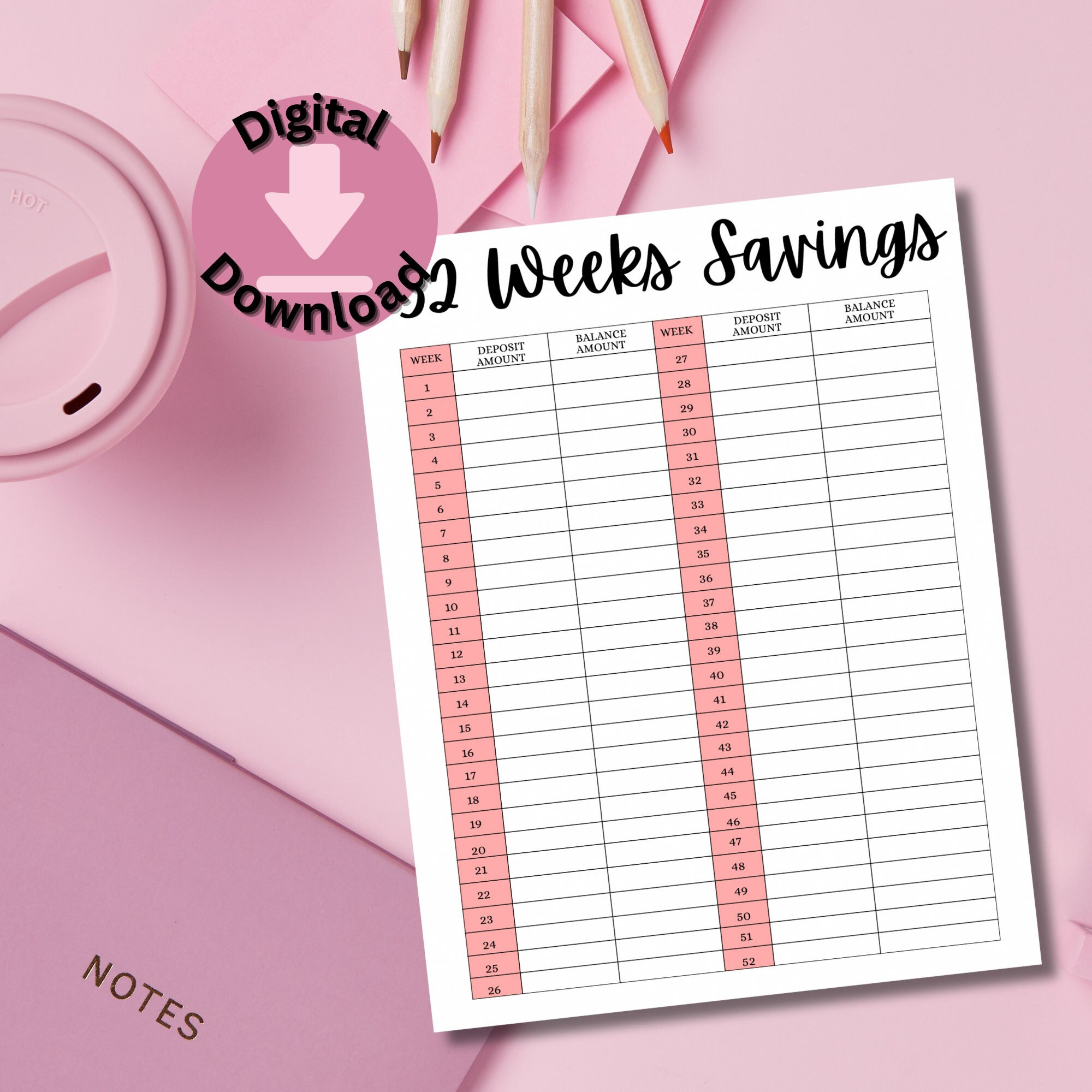Digital Download 52 Week Savings Tracker Blank Red - Etsy
