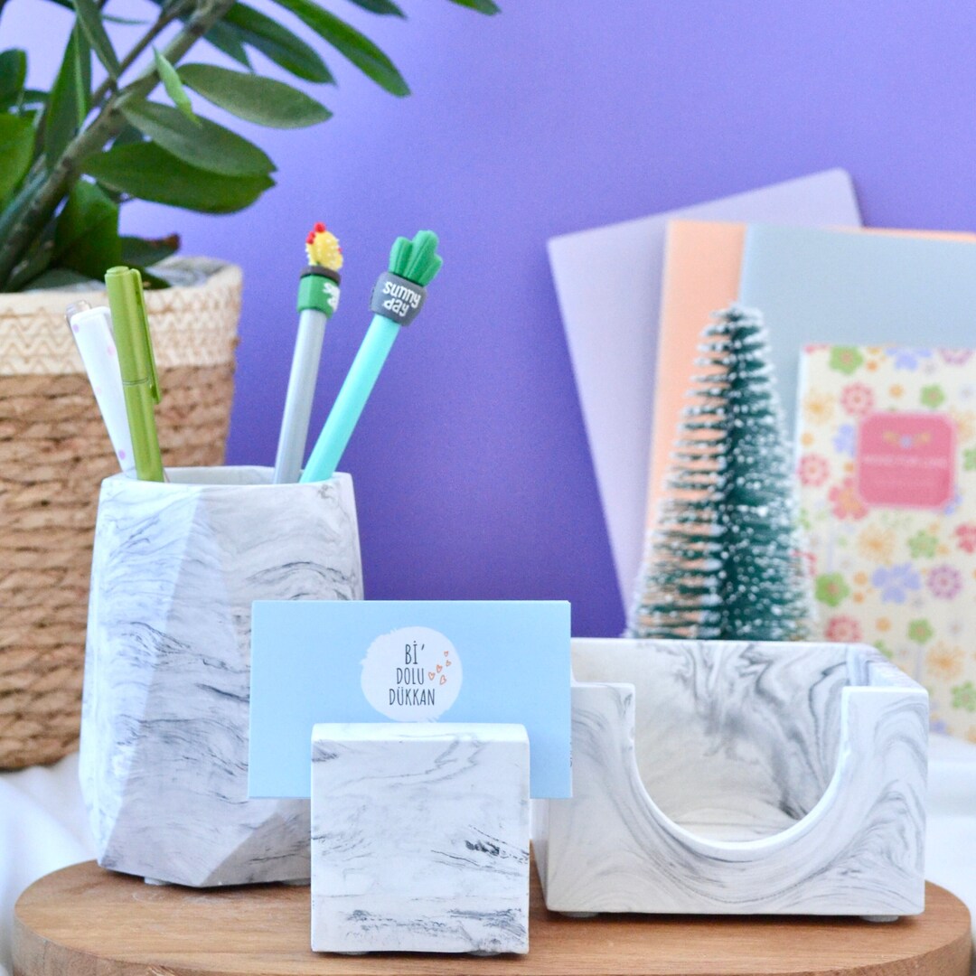 Grey Marble Looking Office Desk Organizer Set of 3 (pen Holder, Memo ...