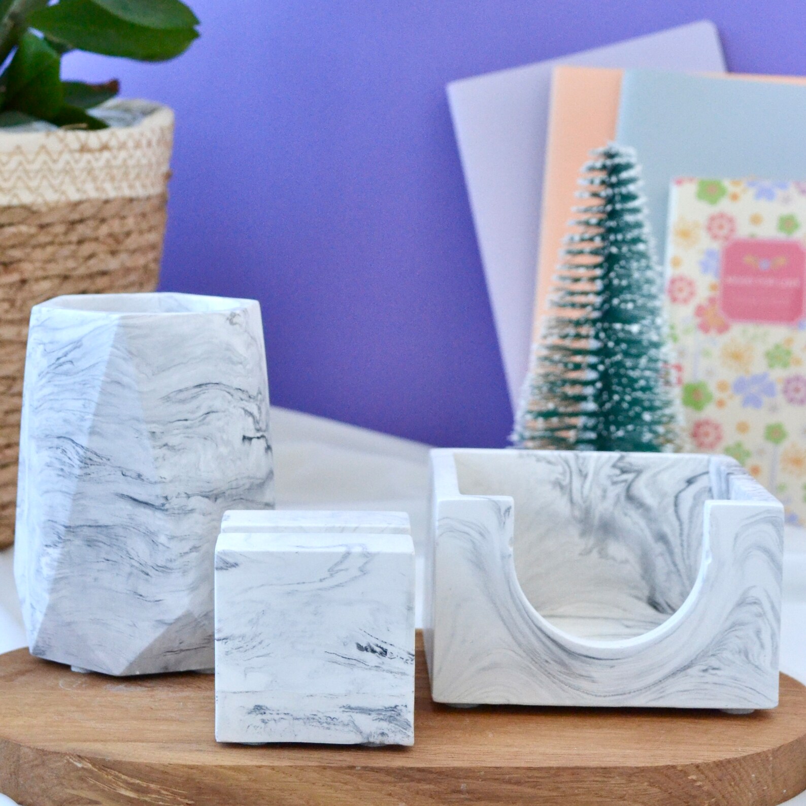 Grey Marble Looking Office Desk Organizer Set of 3 (pen Holder, Memo ...