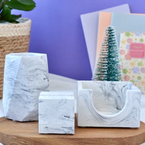 Grey Marble Looking Office Desk Organizer Set of 3 (pen Holder, Memo ...