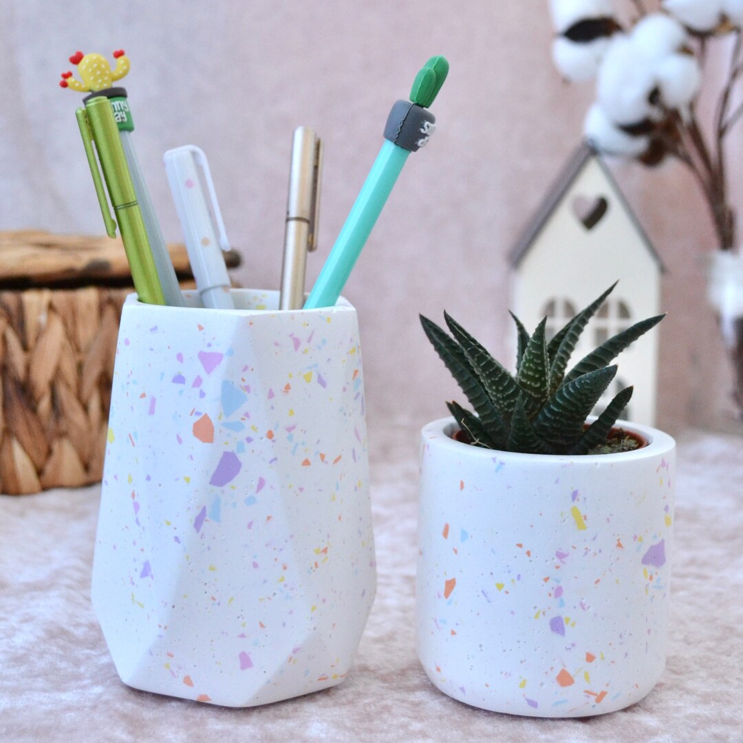 Pen and Plant Pot for Desk, Concrete Desk Set of 3 With Colorful ...