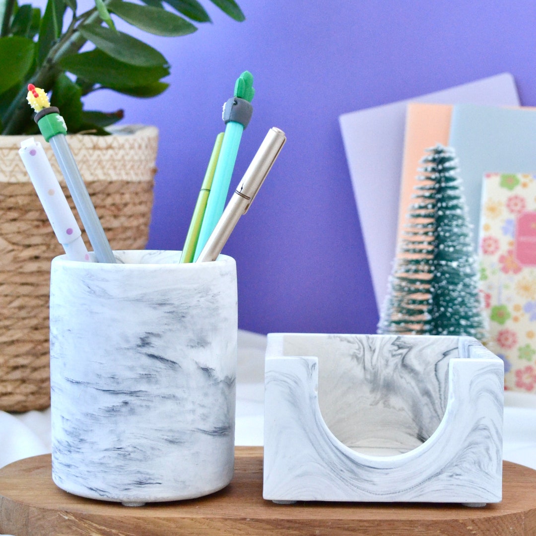 Grey Marble Looking Office Desk Organizer Set of 2 (pen Holder, Memo ...