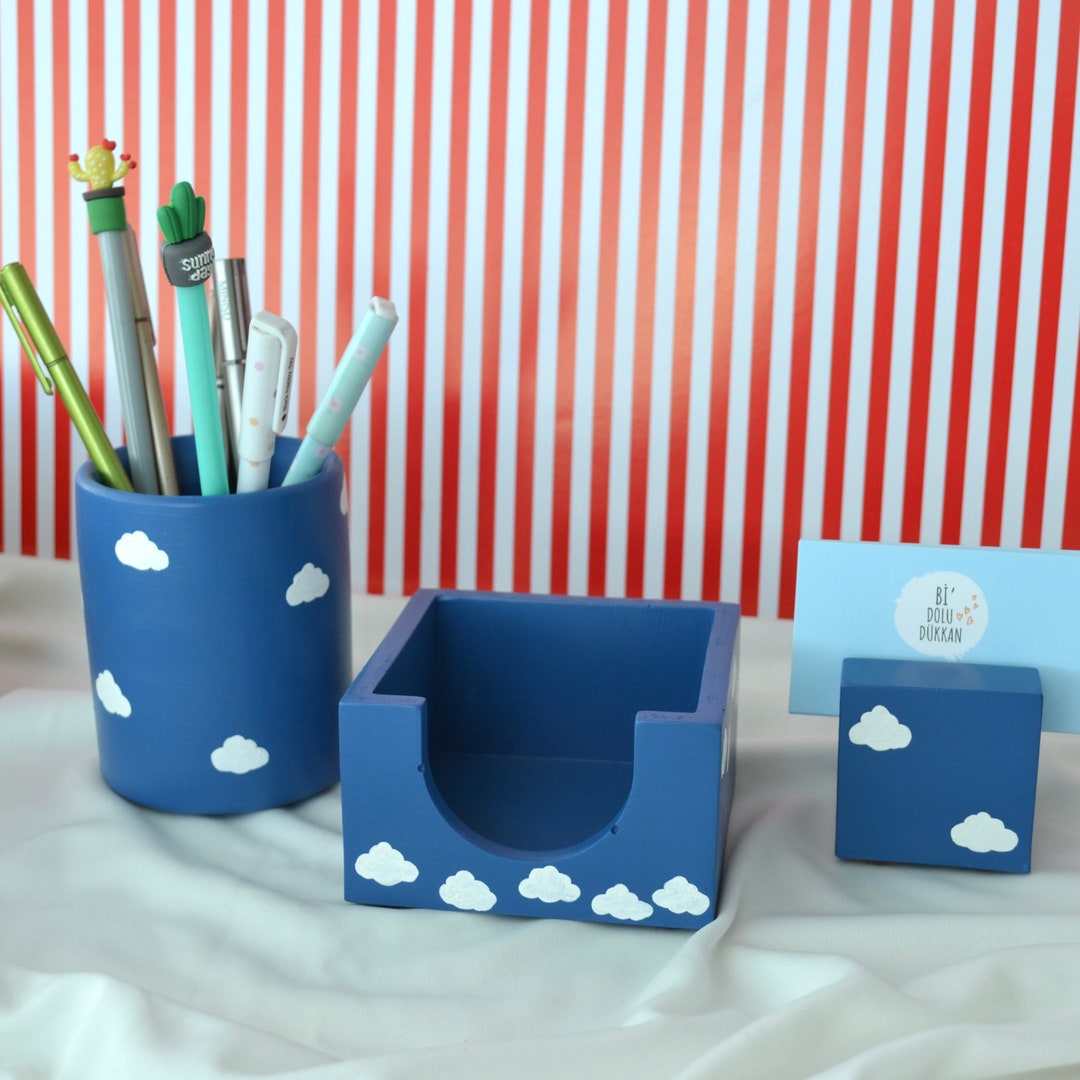 Cloud Navy Blue Office Organizer Set of 3 With Pen Holder and Note Cube ...