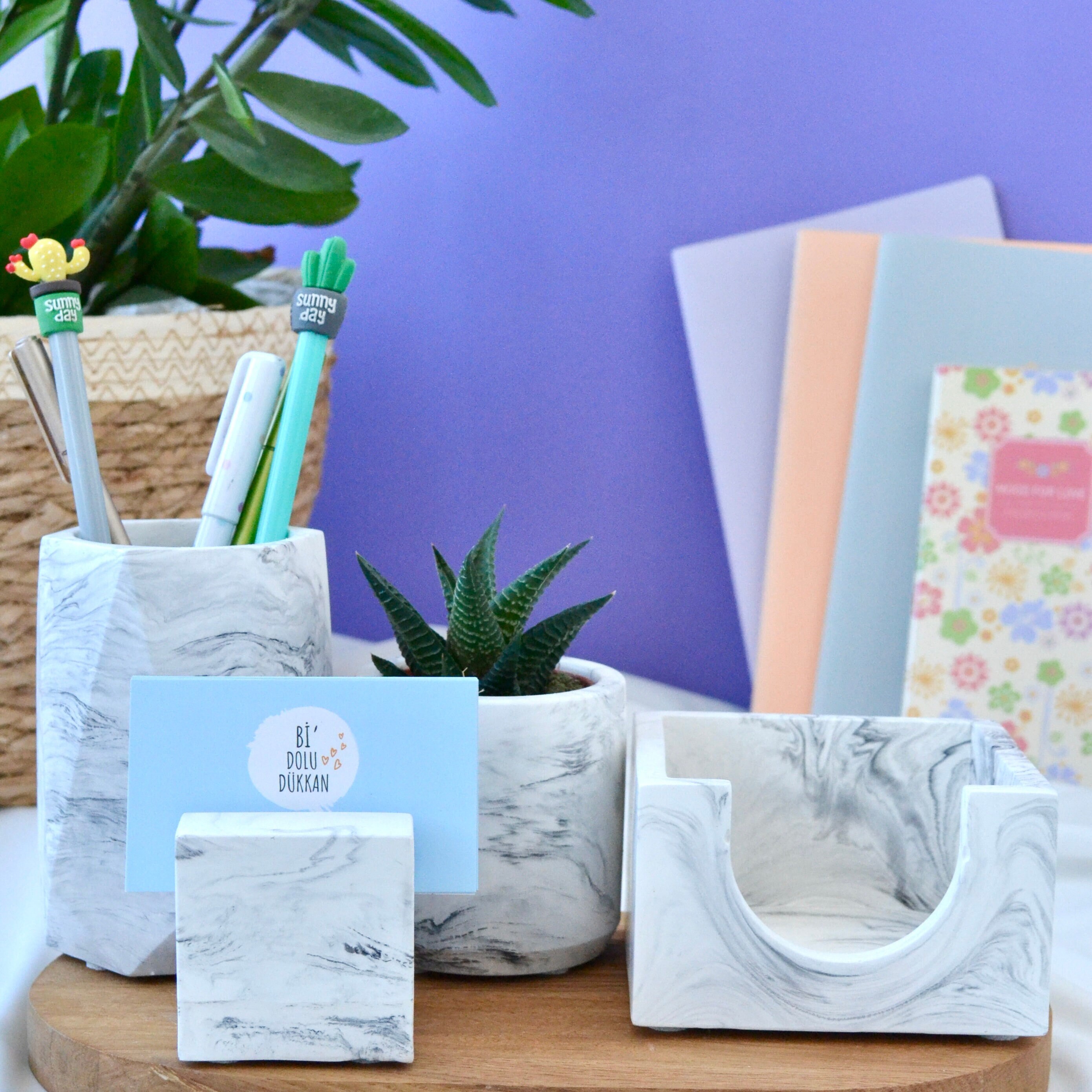 Grey Marble Looking Office Desk Organizer Set of 3 (pen Holder, Plant ...