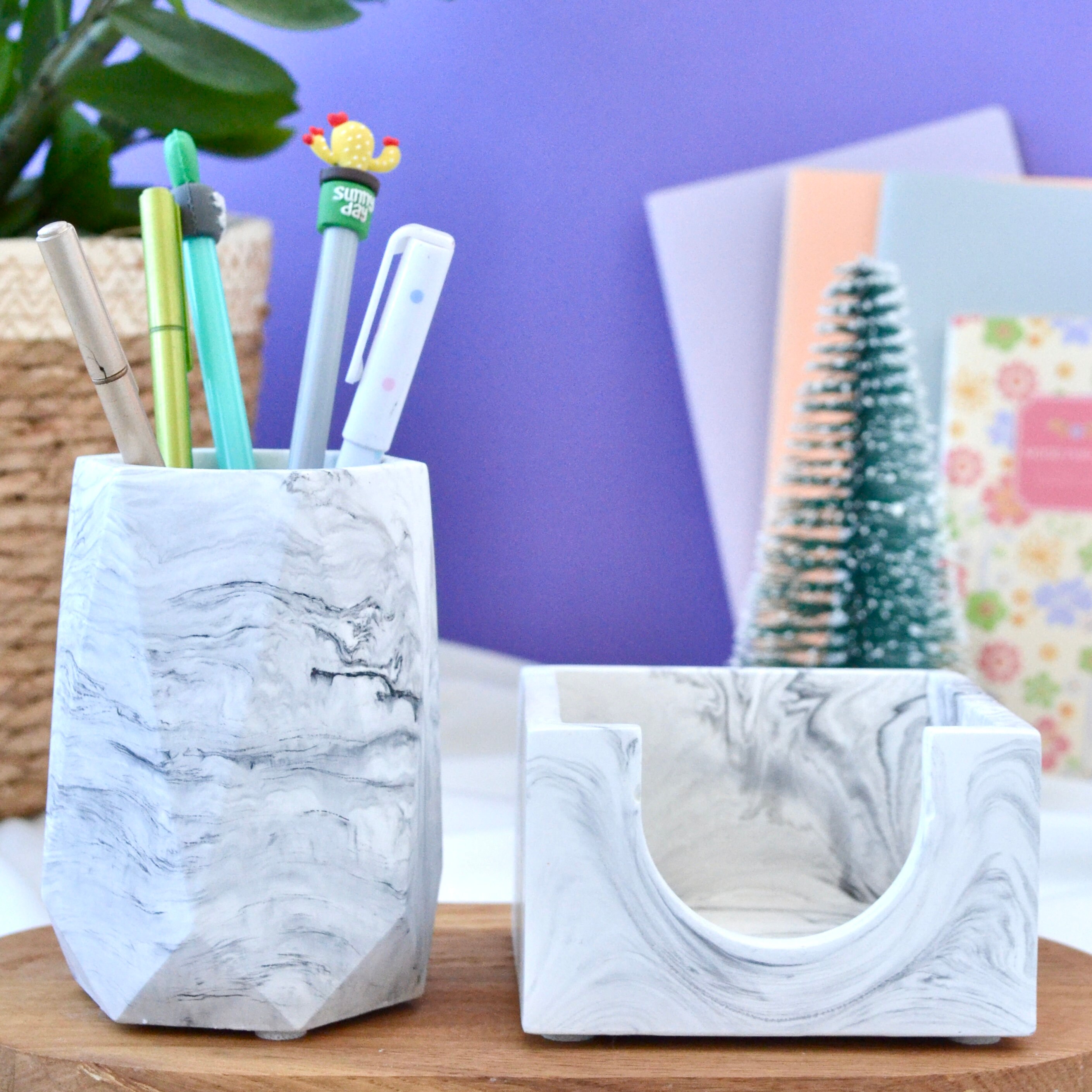 Grey Marble Looking Office Desk Organizer Set of 3 (pen Holder, Memo ...
