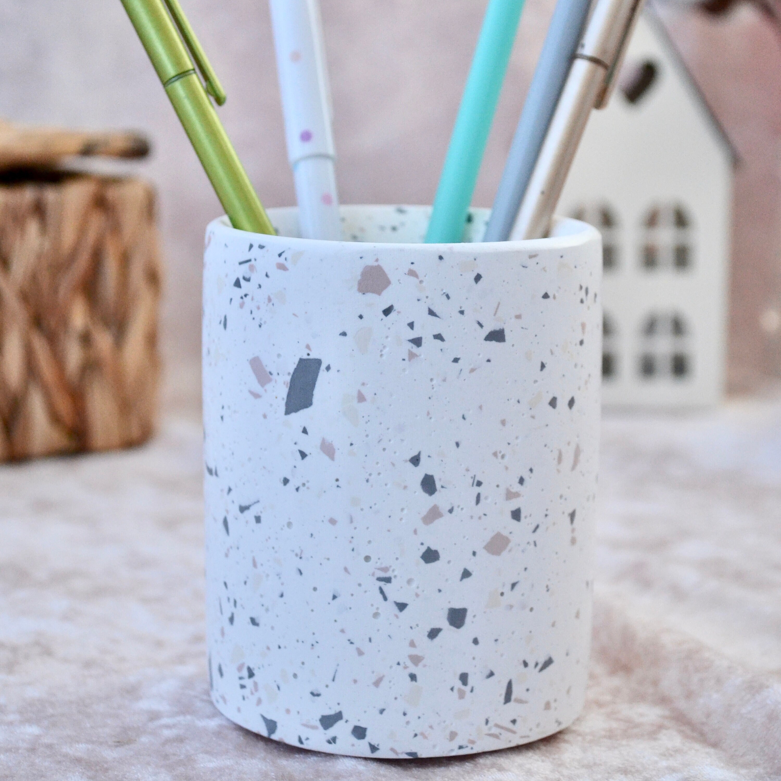 Terrazzo Round Pot Toothbrush Cup, Cute Pen Holder for Desk Decor for ...
