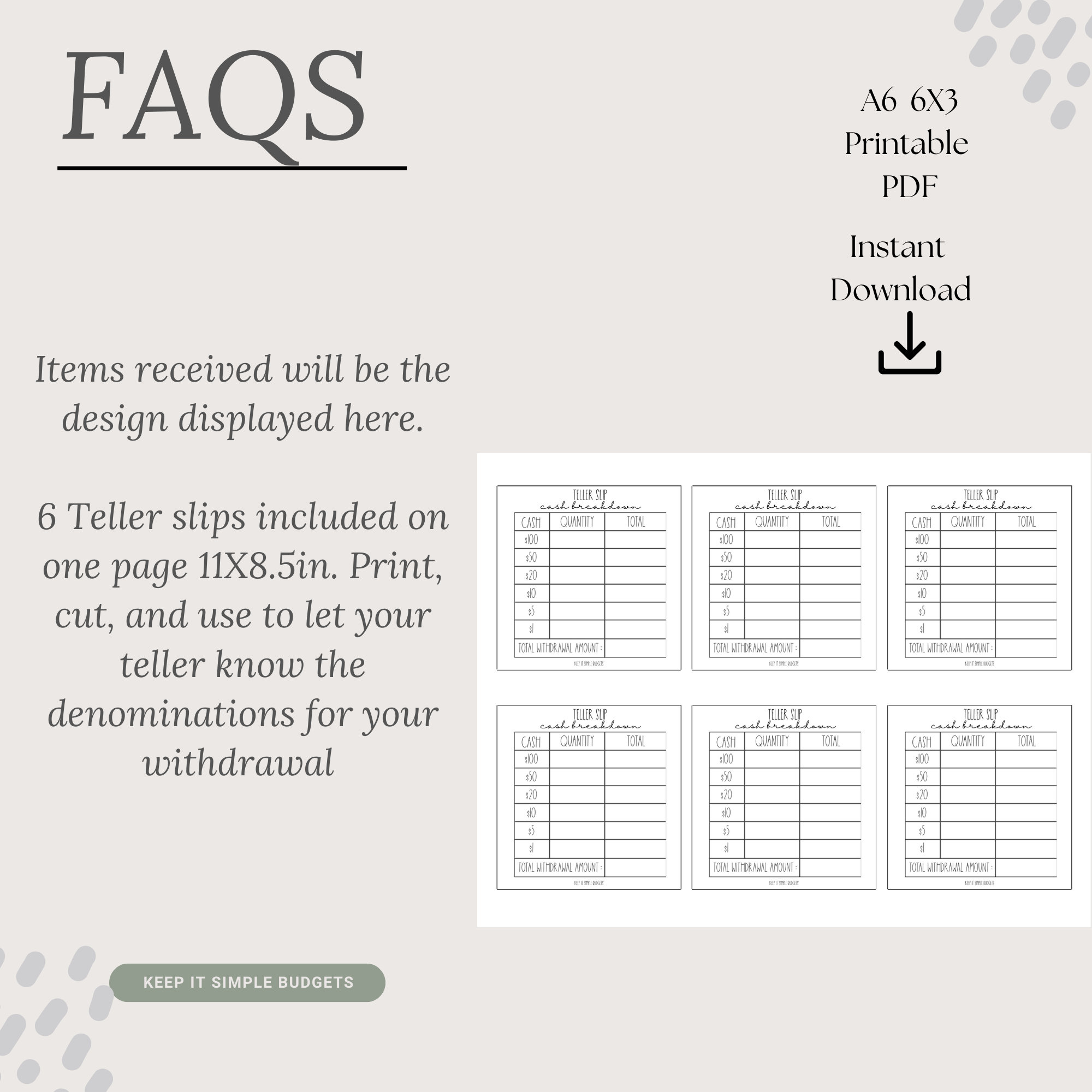 Minimalist Printable Teller Cash Break Down Slip, Minimalteller Slip ...