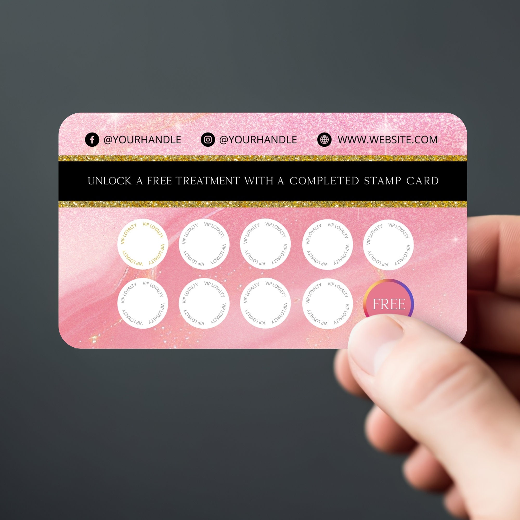 Pink Glitter Loyalty Card Stamp Template, Editable VIP Rewards Card ...