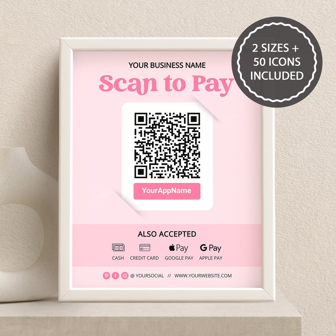 Pink Scan to Pay QR Code Sign Template for Small Business, Paypal Venmo ...