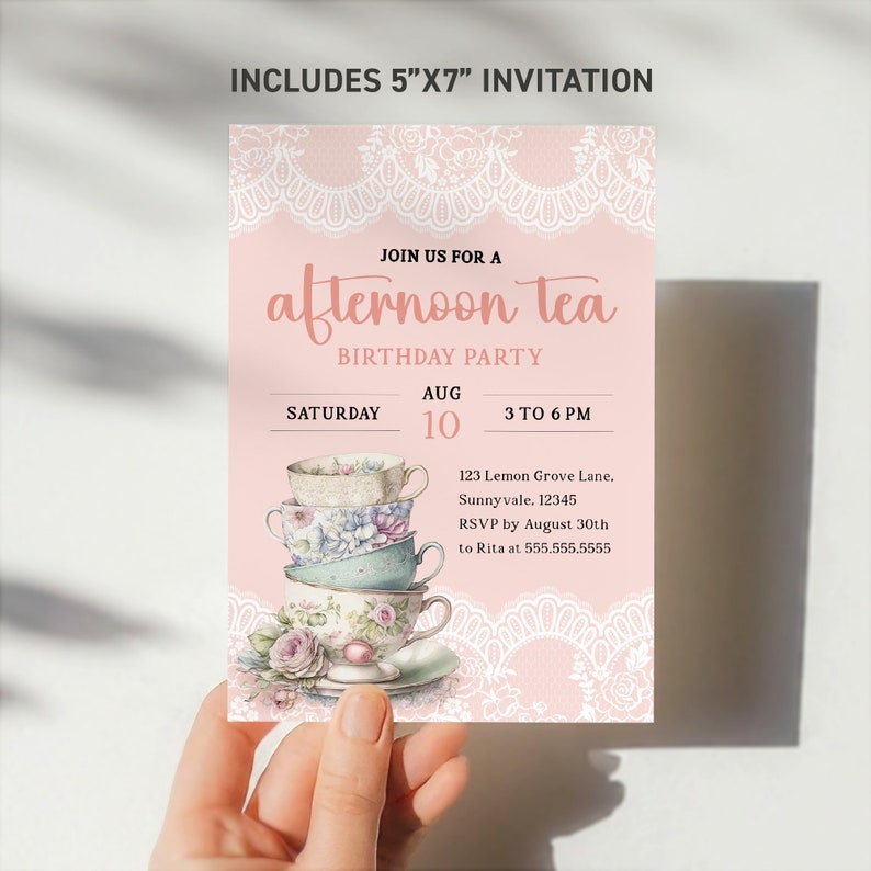 Editable Pink Floral High Tea Party Invitation & Evite, Digital ...
