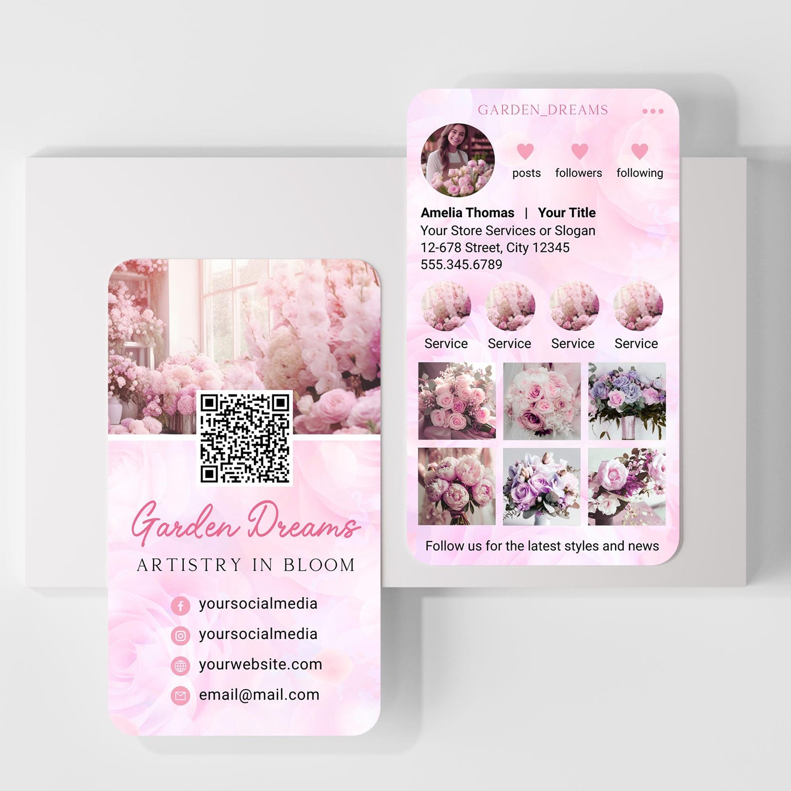 Editable Pink Rose Flower QR Code Instagram Business Card for Beauty ...