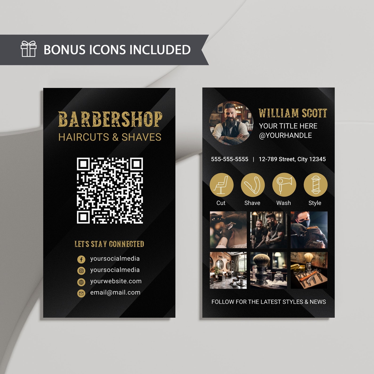Instagram Barbershop Business Card Template, Editable Black Barber ...