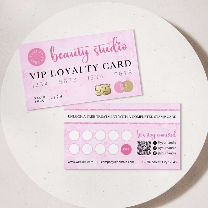 Pink Rose Beauty Salon Loyalty Card Stamp Template, Editable Nail Tech Rewards Card, Credit Card ...