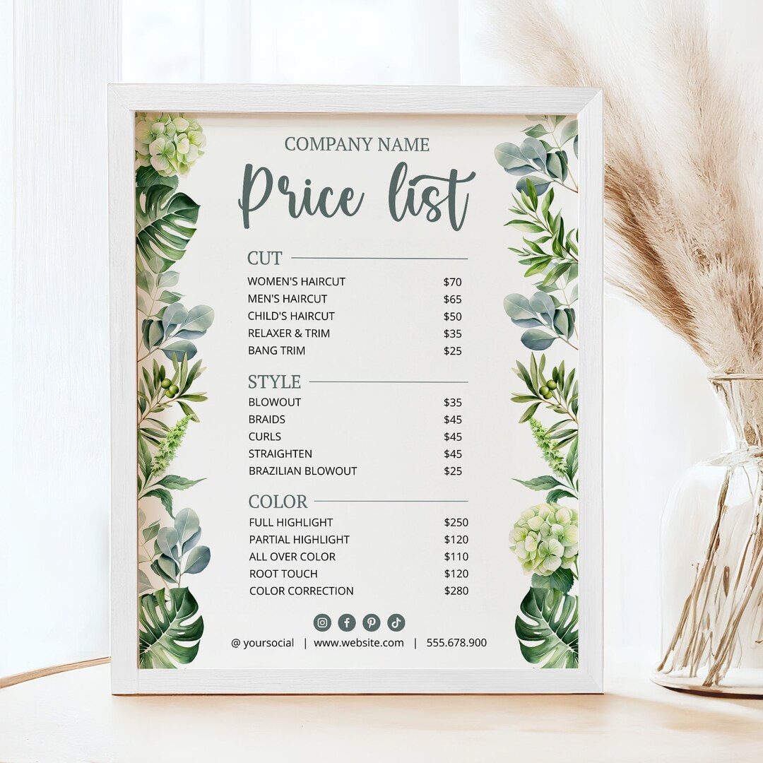 Floral Price List Template Editable Beauty Salon Pricelist & Printable ...