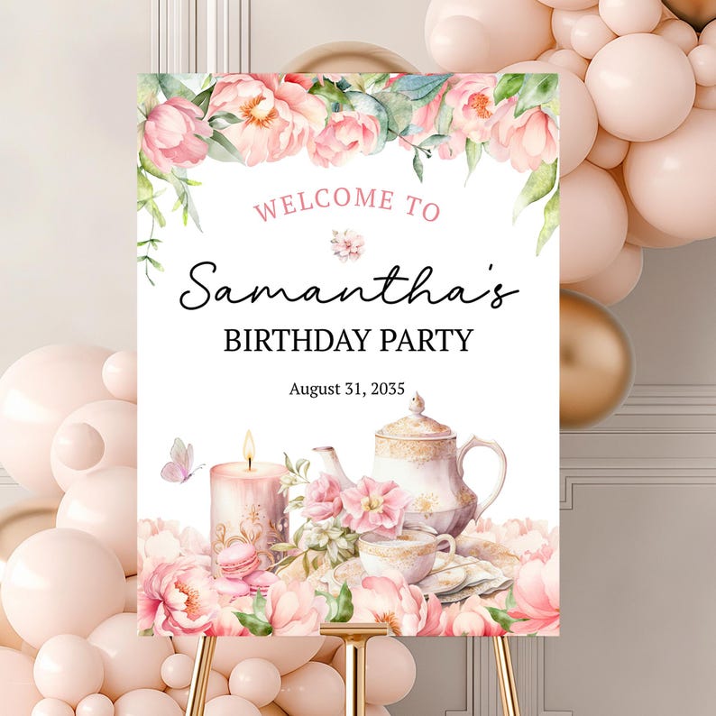 Editable Pink Floral Birthday Tea Party Welcome Sign, DIY Afternoon ...