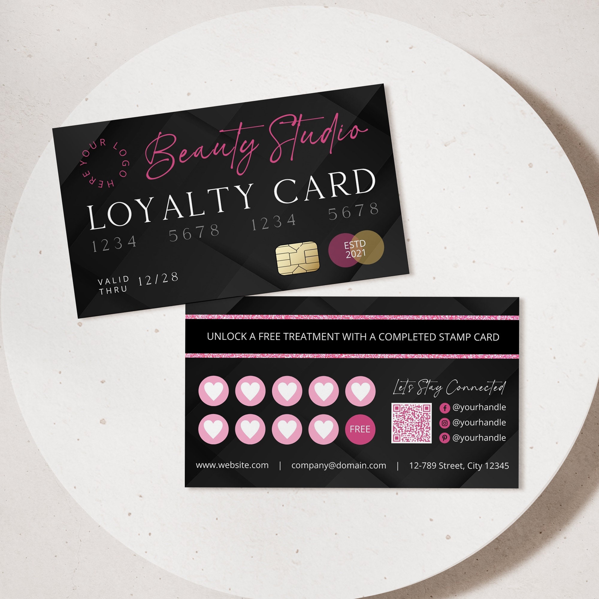 Black & Pink Loyalty Card Stamp Template, Editable VIP Rewards Card ...