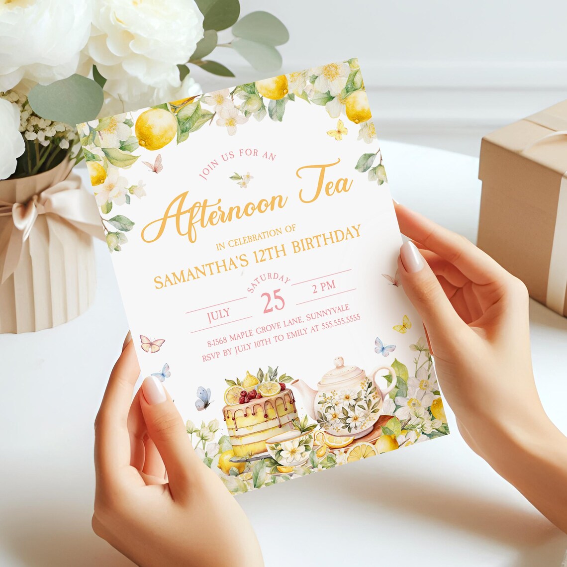 Lemon Birthday Invitation, Floral Citrus Tea Party Brunch Invite, Girl ...